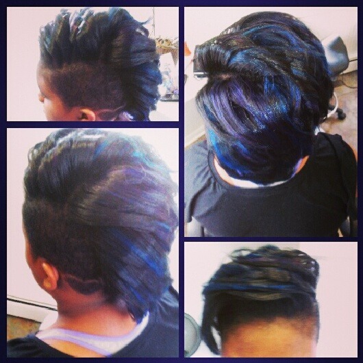 Blue and Purple hilites, on a mohawk luv cut!! follow me @mzhairpoetry ...