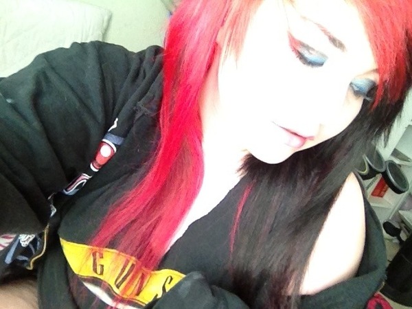 red black blue eye shadow, and pail skin, pink and black hair ...